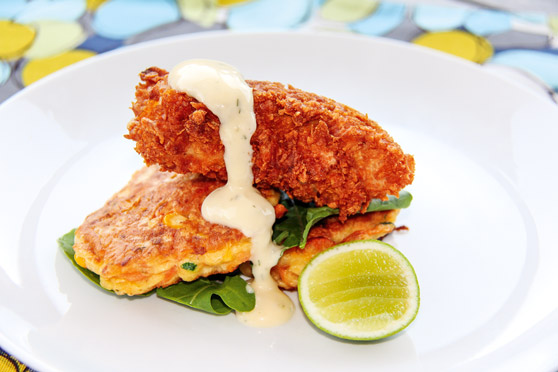 Corny crusted kingi with vege fritters - The Fishing Website